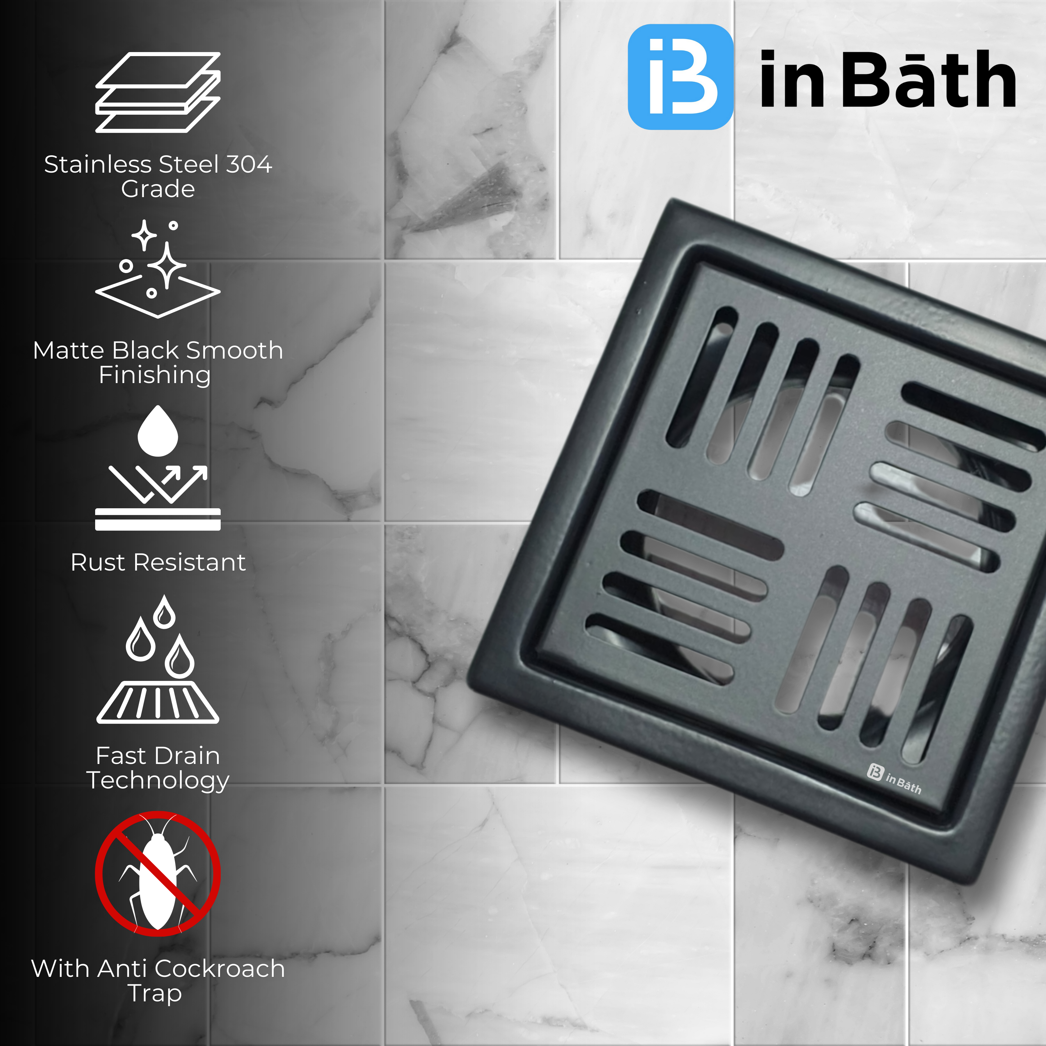 Arena Black Square Floor Drain (SS 304 Grade) – inBath
